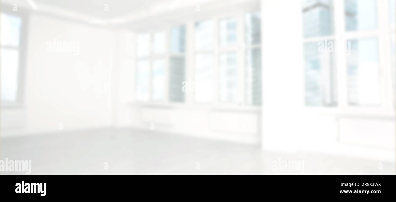 Modern office room with white walls and windows, blurred view. Banner ...