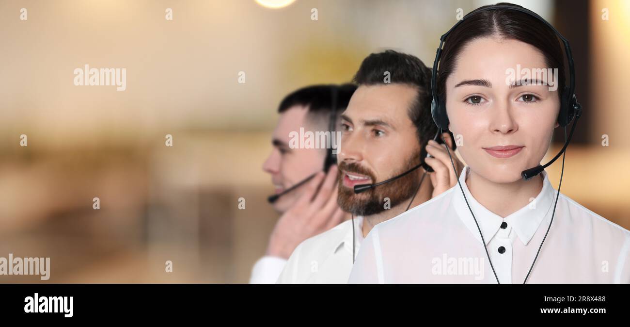 Hotline operators with headsets in office, space for text. Banner ...