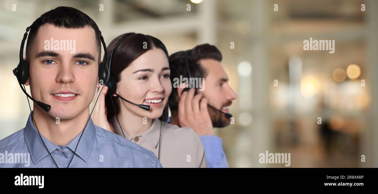 Hotline operators with headsets in office, space for text. Banner ...