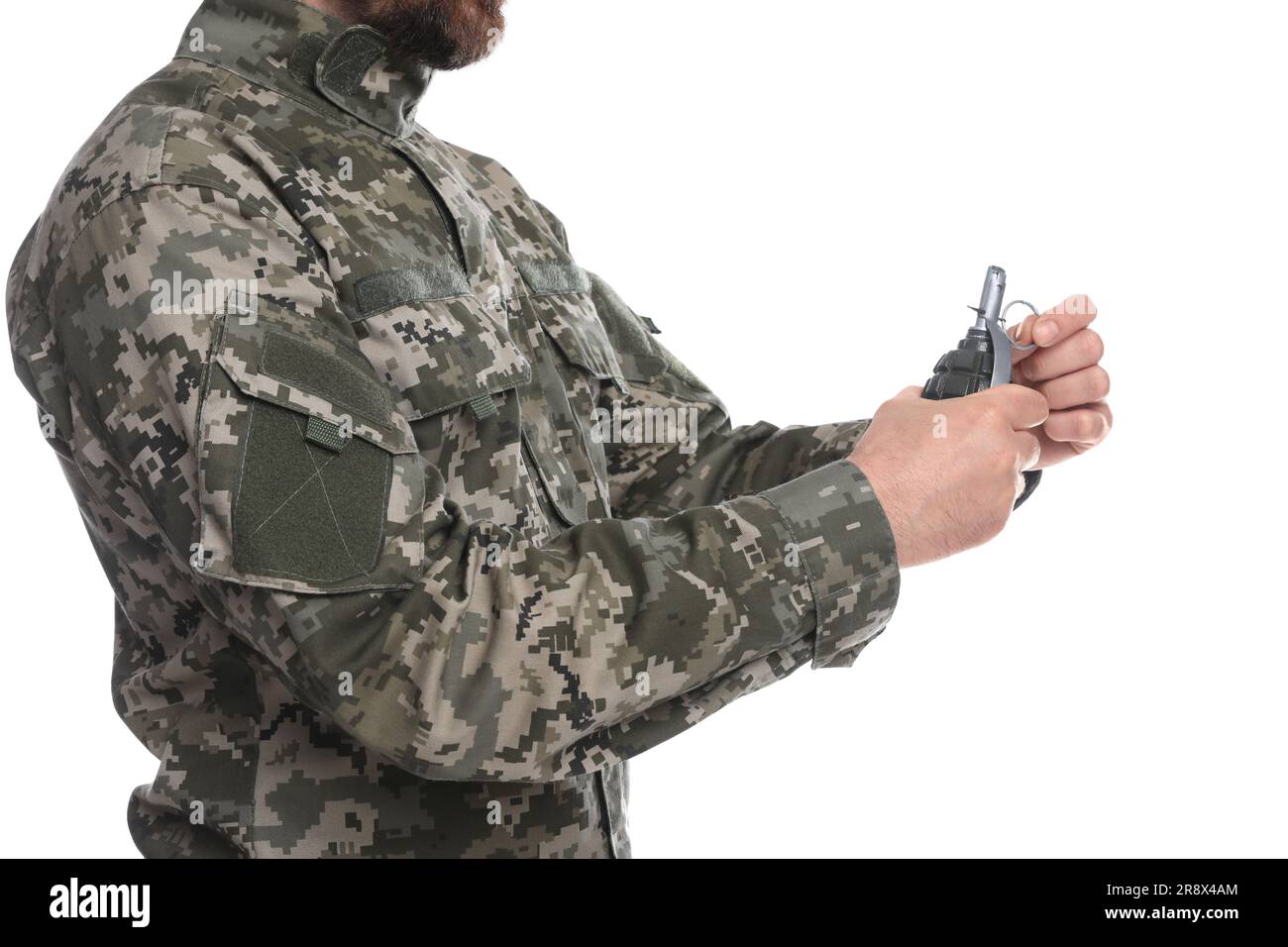 Soldier pulling safety pin out of hand grenade on white background ...