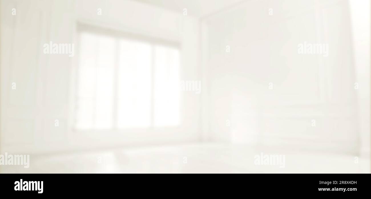 Empty room with white walls and large window, blurred view. Banner ...
