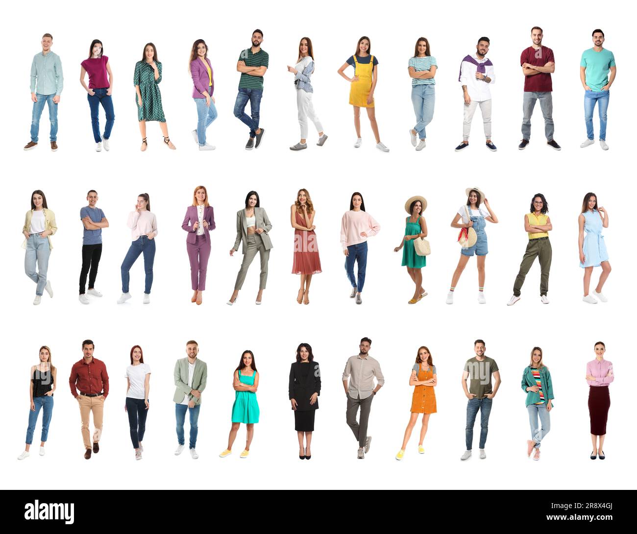 Collage with full length portraits of men and women on white background ...