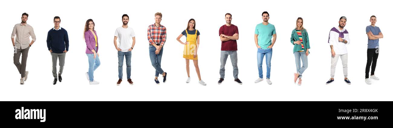 Collage with full length portraits of men and women on white background ...