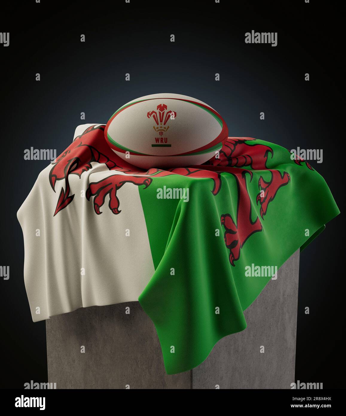 A 3D render of a generic rugby ball imprinted with the Red Dragons logo ...