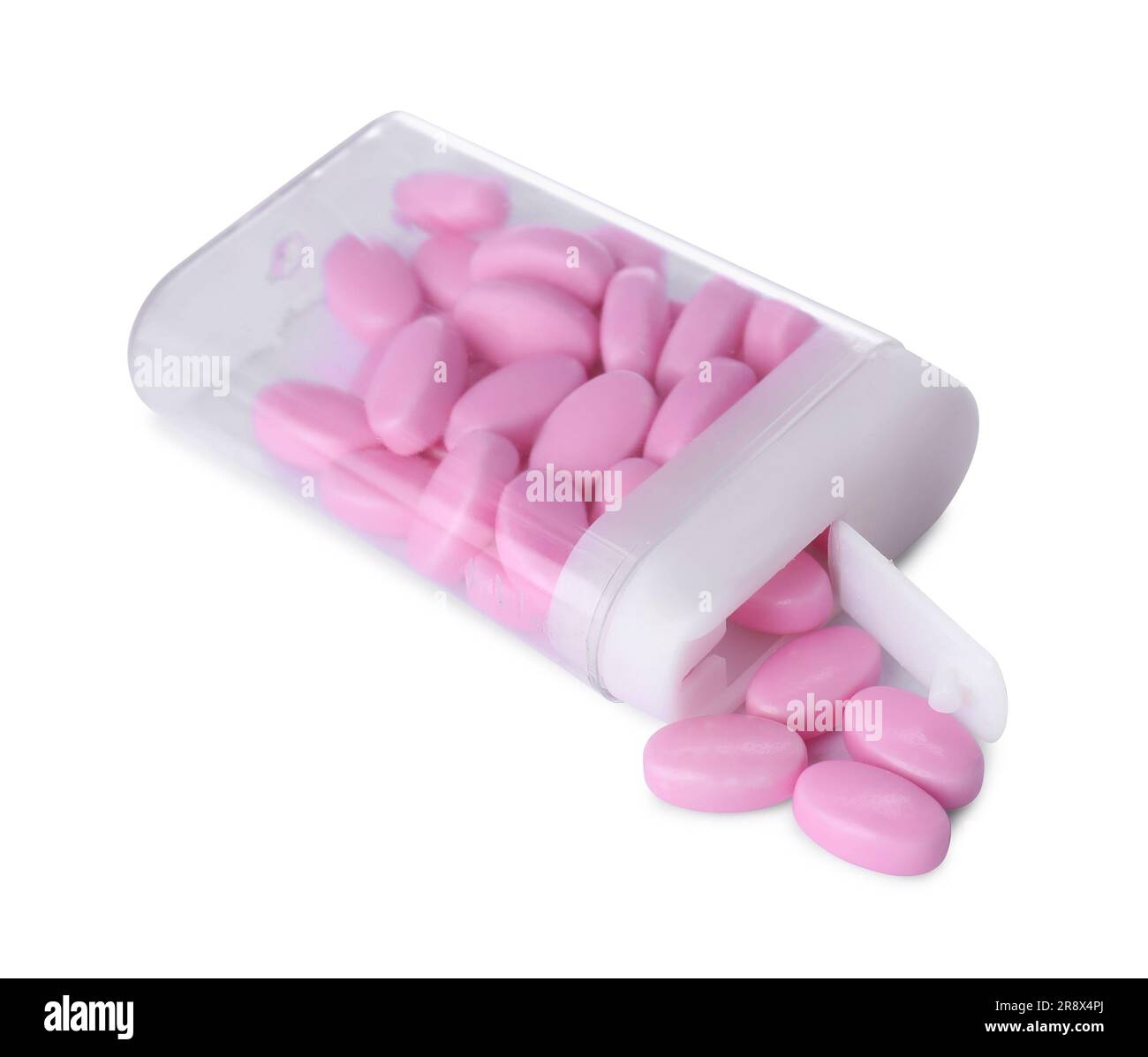 Tasty pink dragee candies with box on white background Stock Photo - Alamy