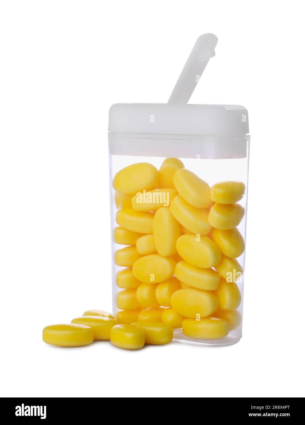 Tasty yellow dragee candies in box on white background Stock Photo - Alamy
