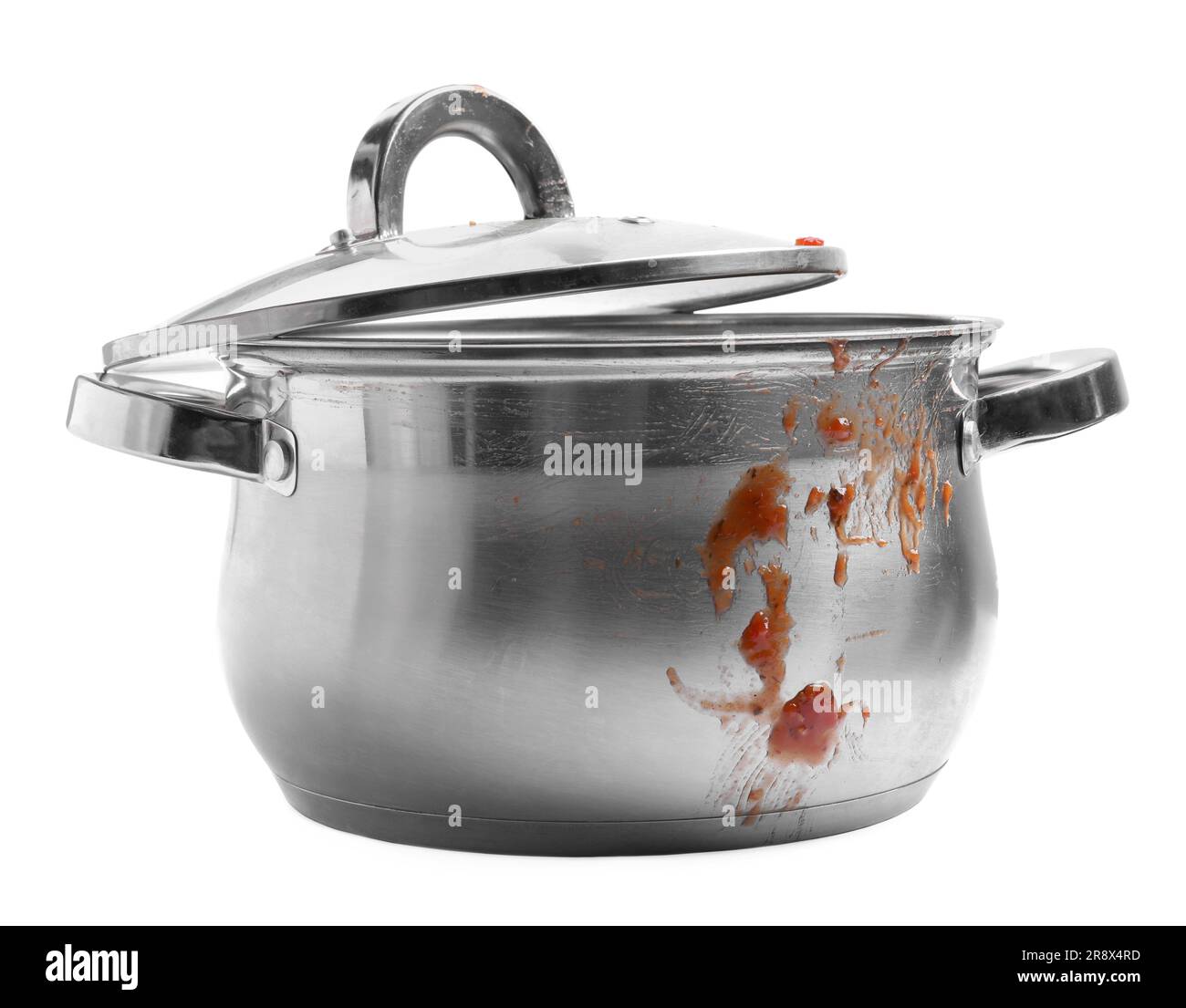 Dirty pot with lid on white background Stock Photo - Alamy