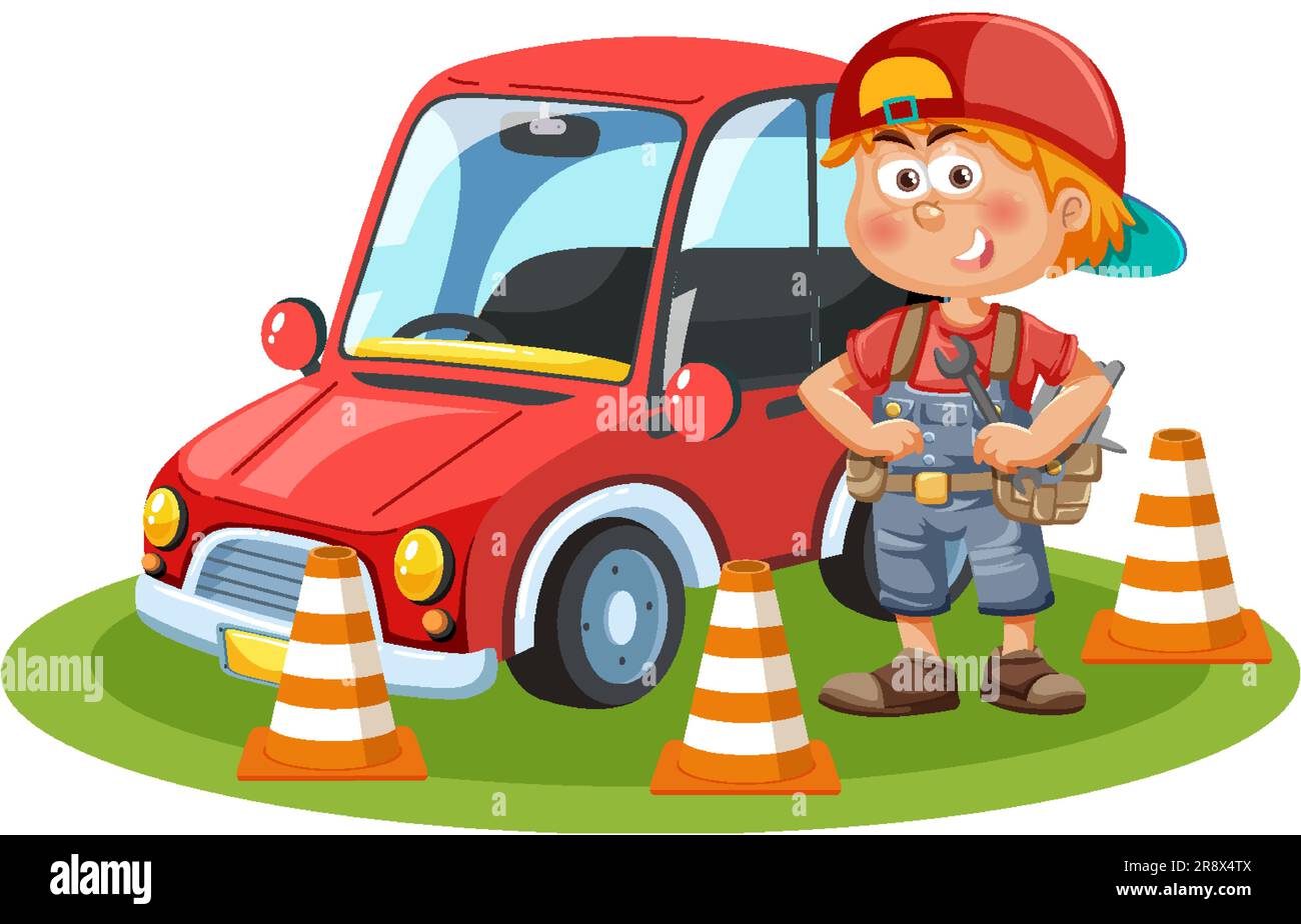 Mechanic cartoon holding tools fixing a car illustration Stock Vector ...