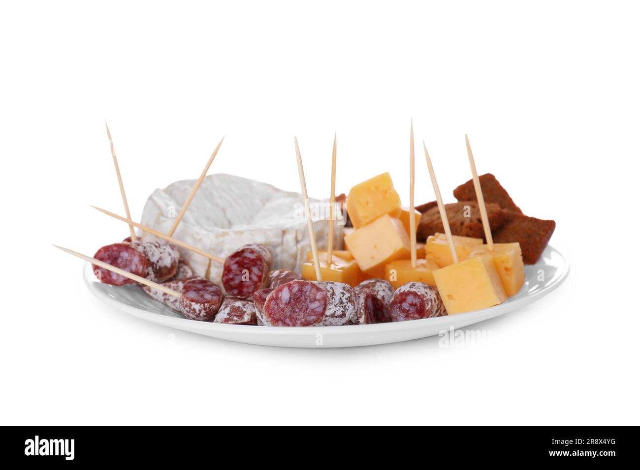 Toothpick appetizers. Tasty cheese, sausage and croutons on white ...