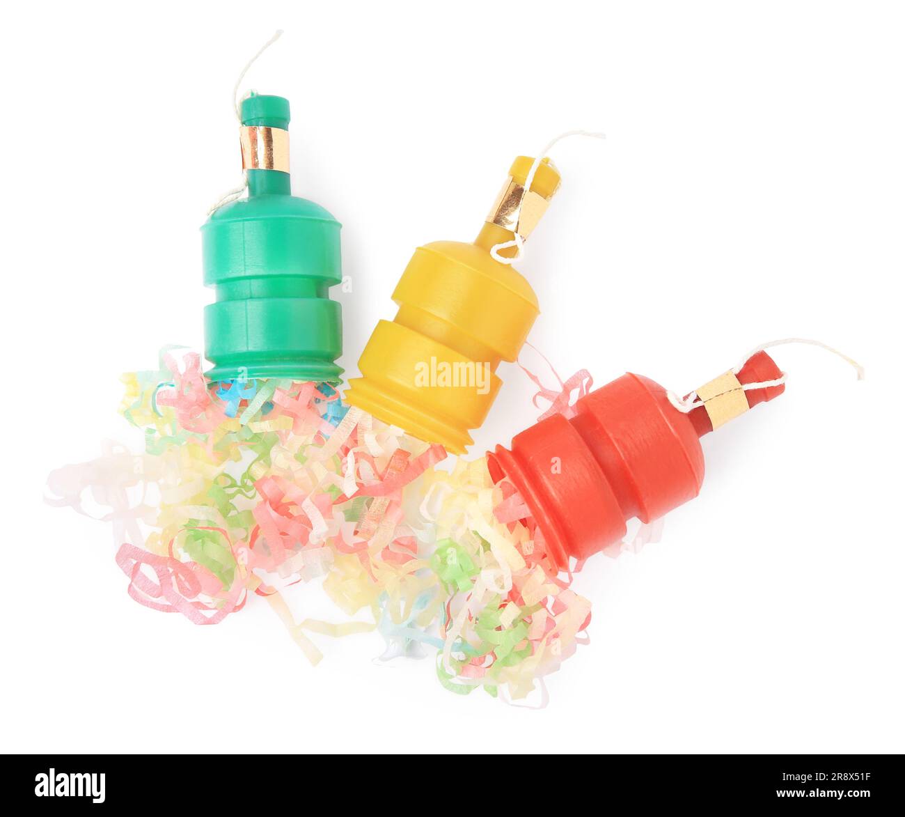 Colorful streamers with bright party crackers isolated on white, top ...