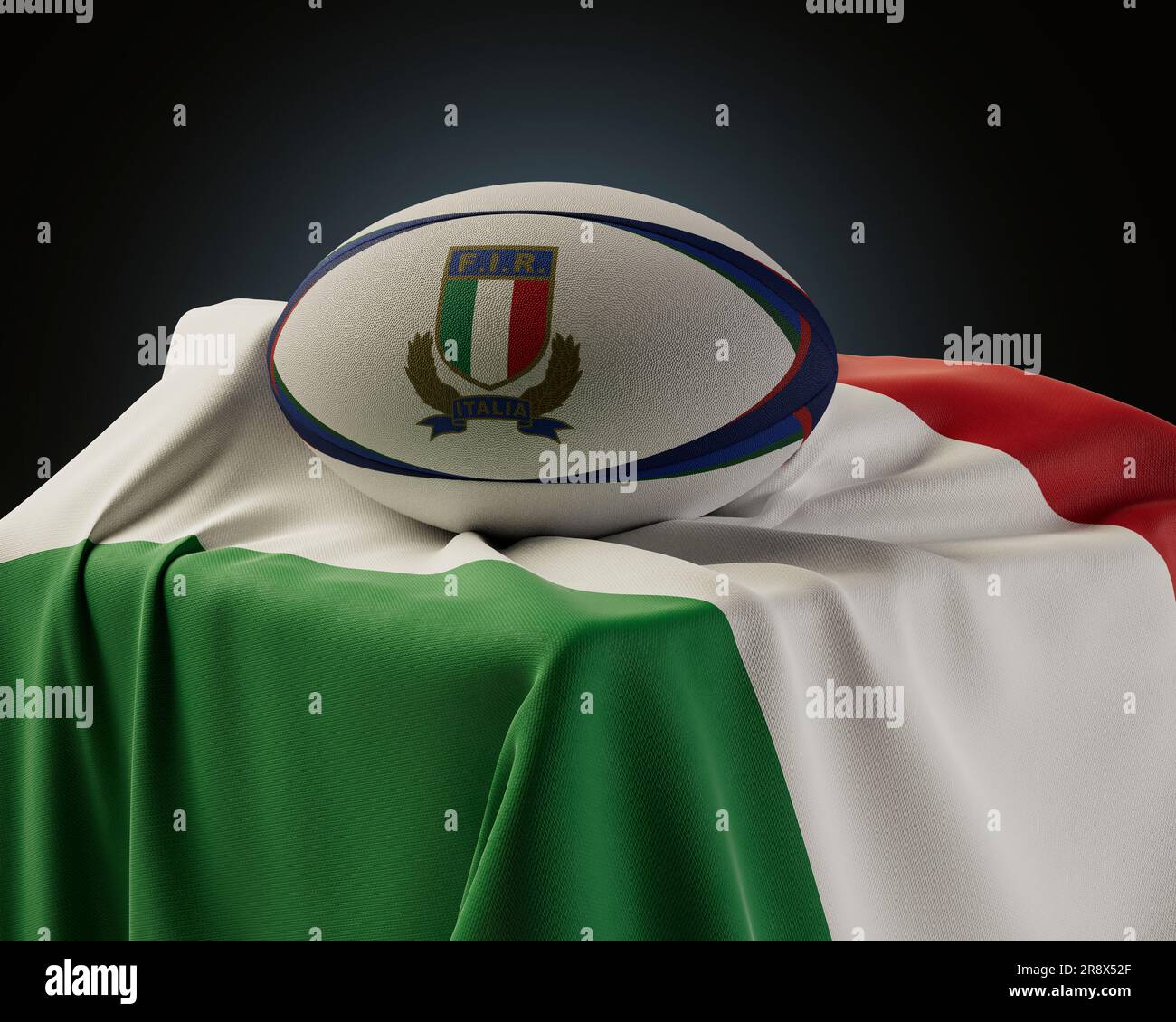 A 3D render of a generic rugby ball imprinted with the Azzurri logo ...