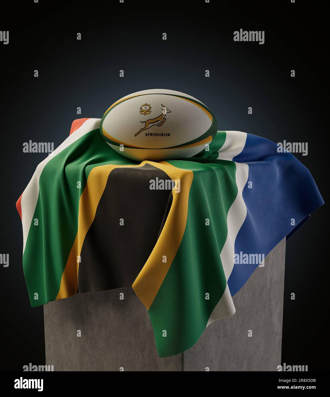 A 3D render of a generic rugby ball imprinted with the Springbok logo ...
