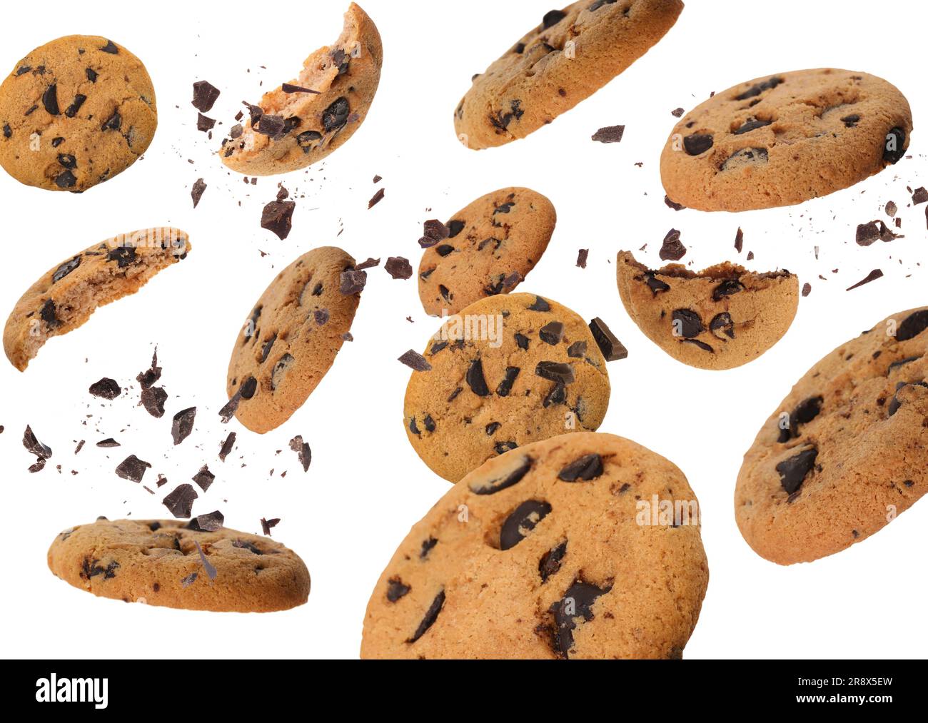 Tasty chocolate chip cookies falling on white background Stock Photo ...