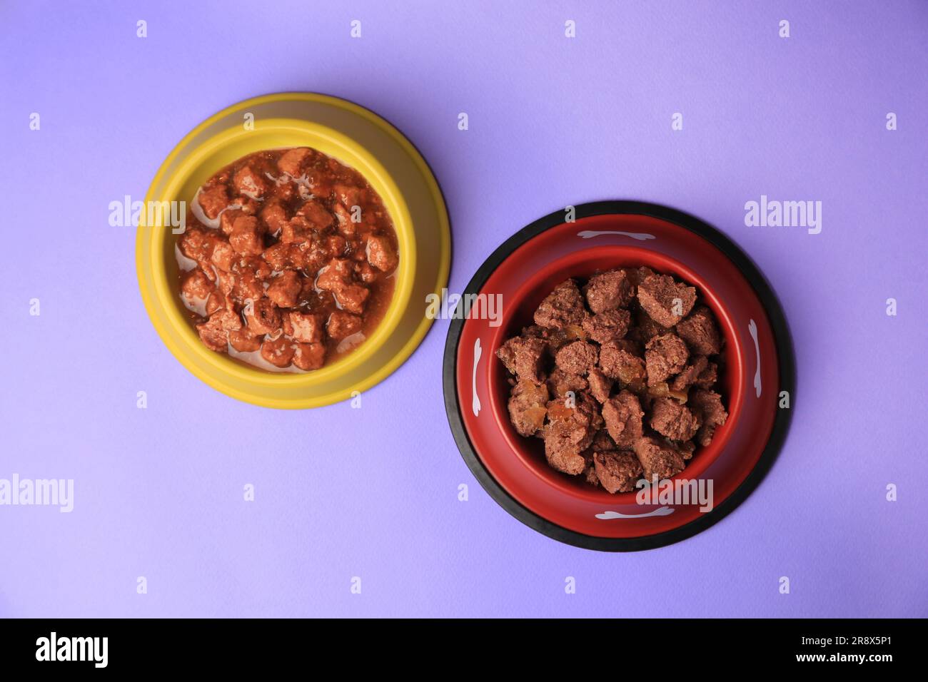 Wet pet food in feeding bowls on violet background, flat lay Stock ...