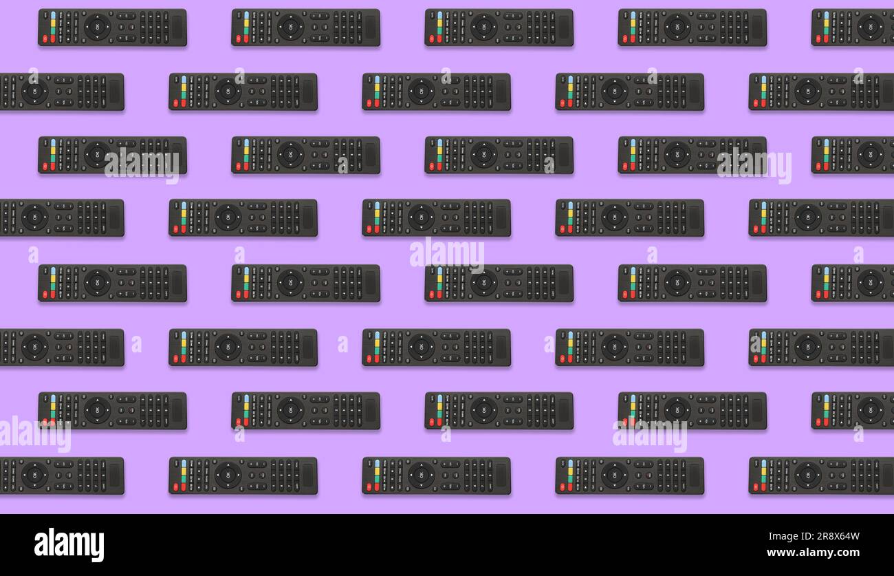 Remote controller pattern on violet background, top view. Collage ...