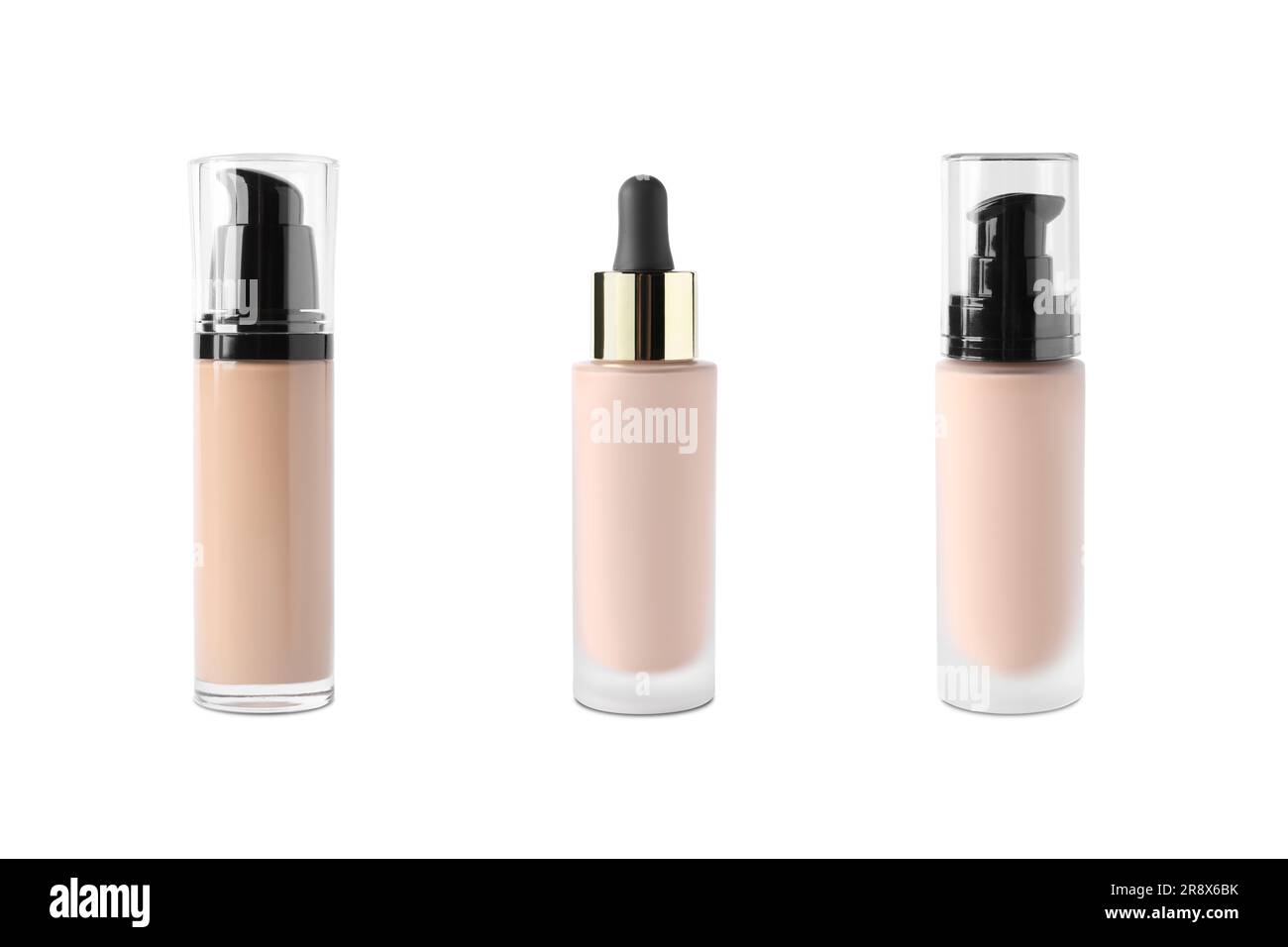 Collage with bottles of skin foundation on white background Stock Photo ...