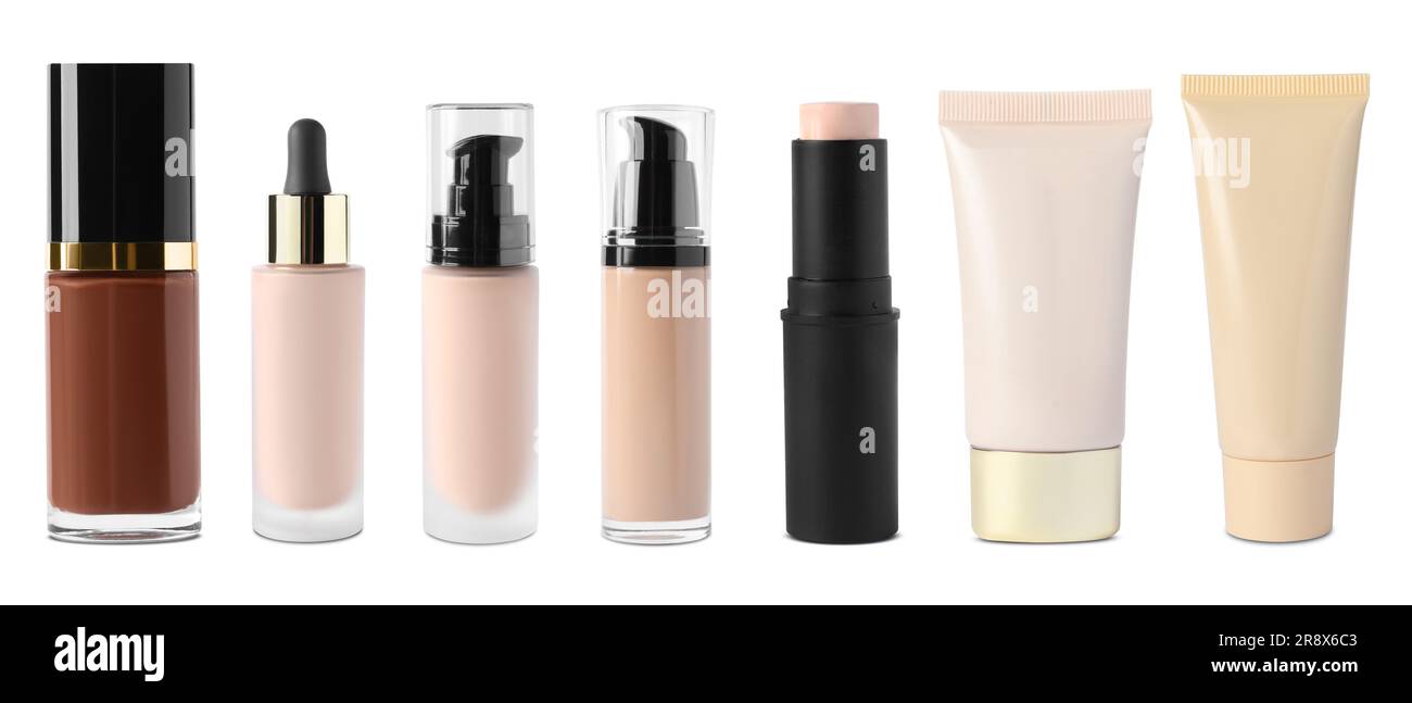 Collage with different skin foundation on white background Stock Photo ...