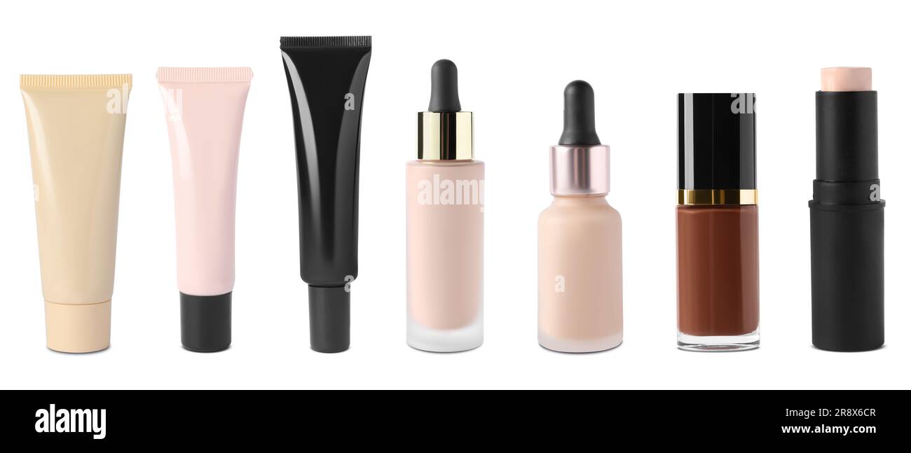 Collage with different skin foundation on white background Stock Photo ...