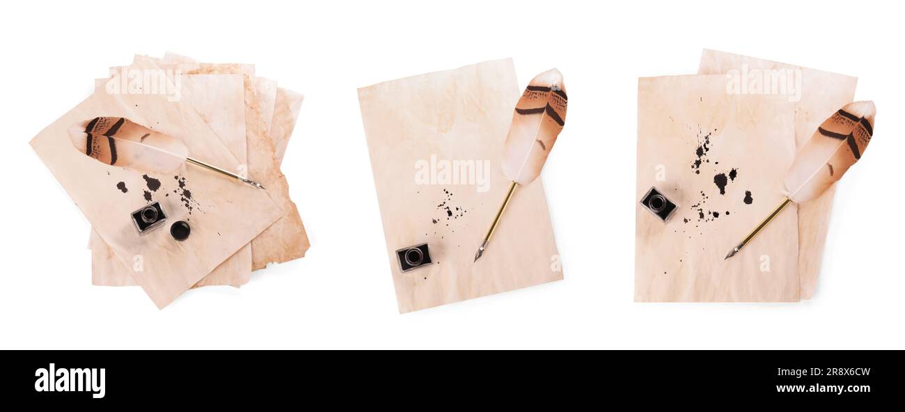 Sheets of parchment with stains of ink, feather pen and inkwell on ...