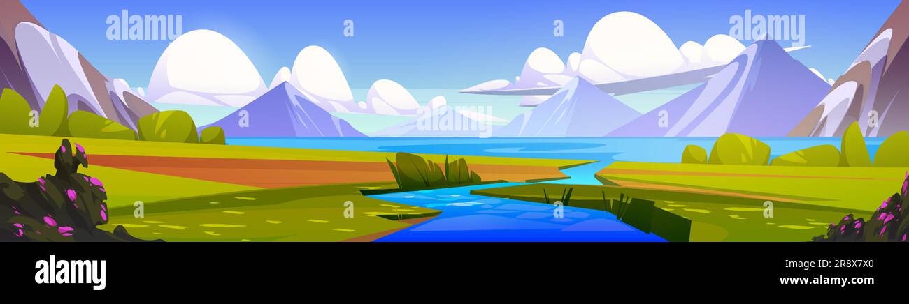 Mountain landscape with river delta. Vector cartoon illustration of ...