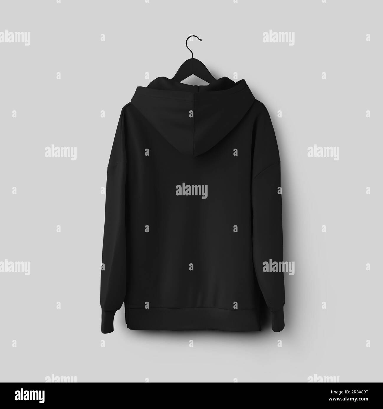 Template of a black long hoodie hanging on a hanger, casual textured ...