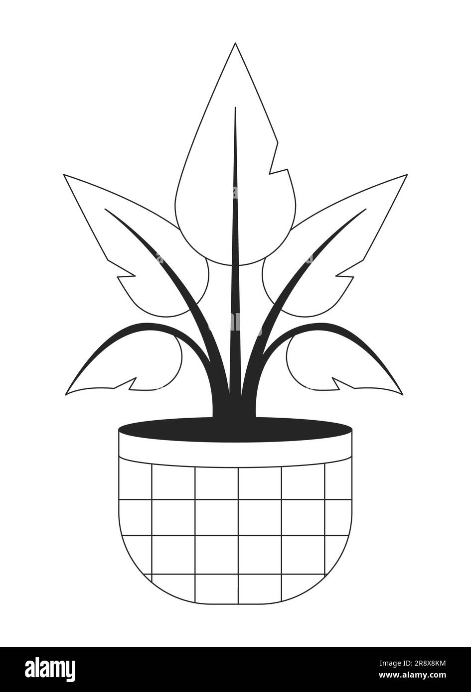 Houseplant in checkered pot flat monochrome isolated vector object ...