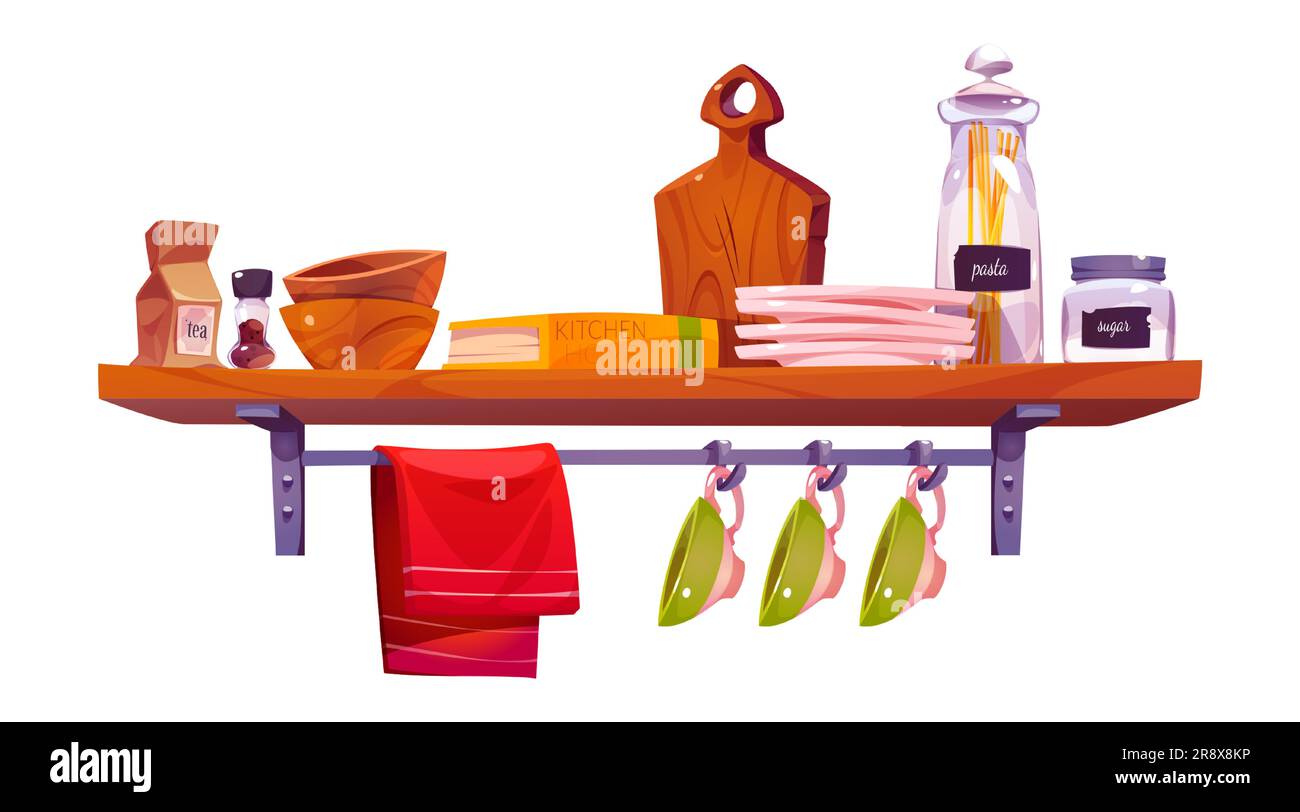 Kitchen shelf with utensil and cook tool vector. Kitchenware organized ...