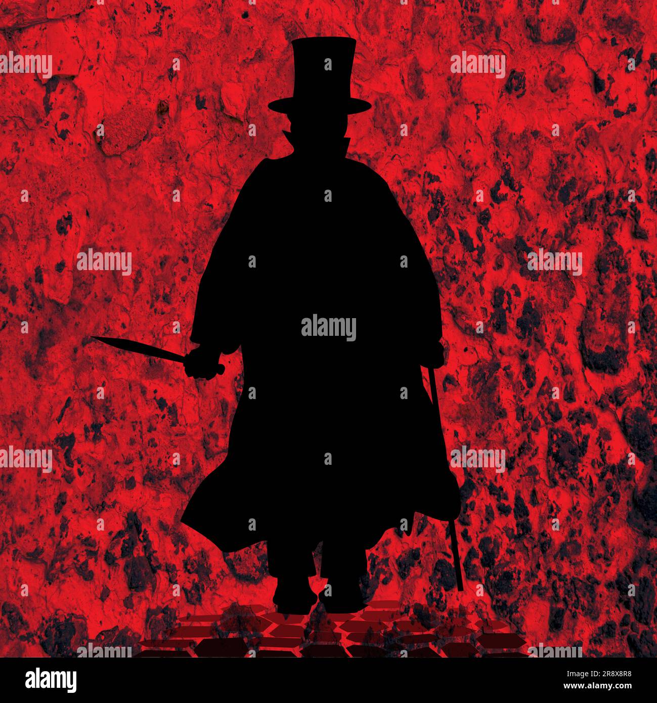 Jack the Ripper on the cobble streets of London with dark red grunge ...