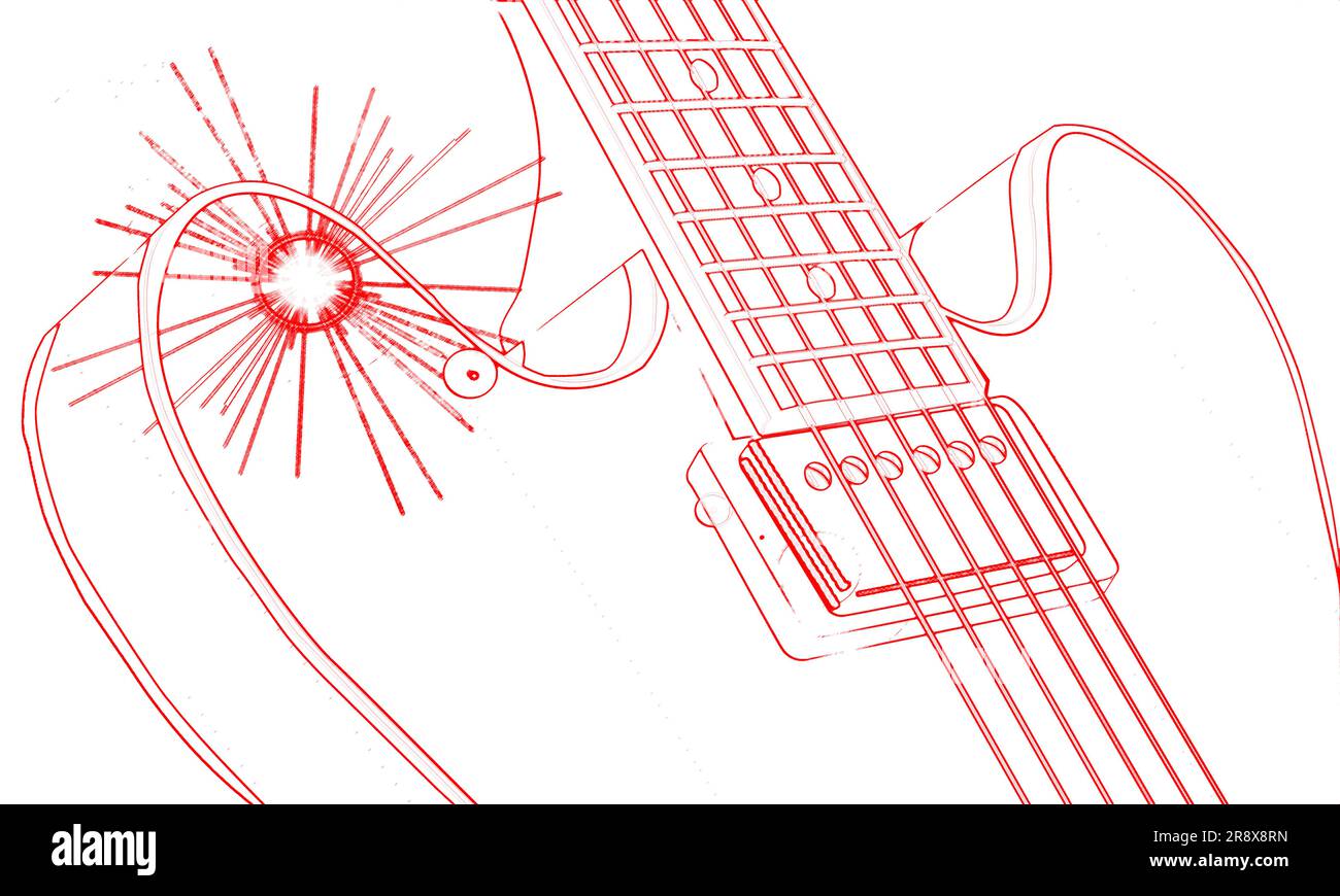 A classic, typical jazz rock pop or blues guitar in red line drawing ...