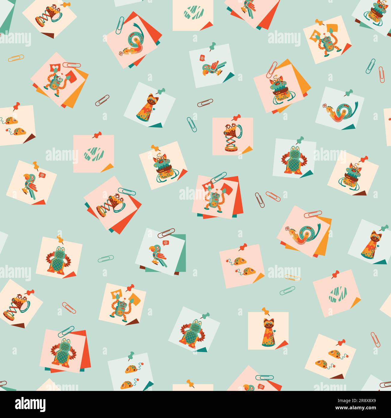 Cute, Simple, Sticky notes of Colorful Robot portraits in green, orange ...