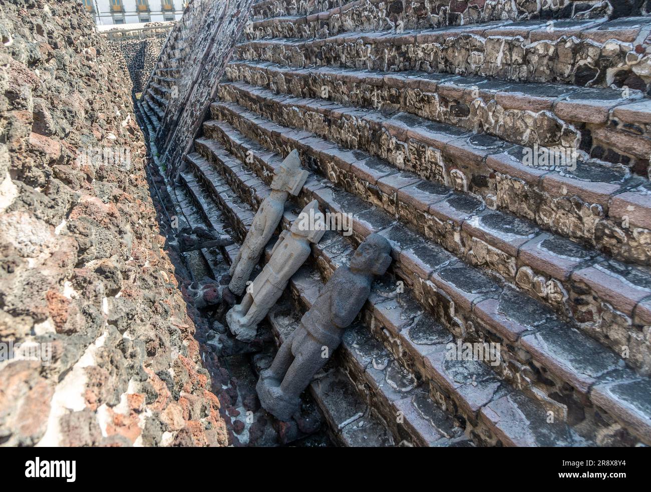 Stone Aztec statues on temple steps, archaeological site and museum of ...