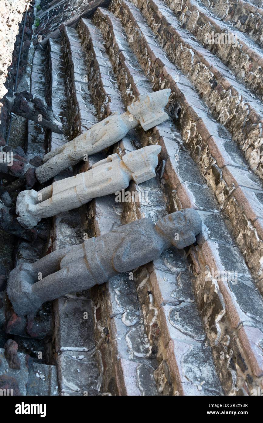 Stone Aztec statues on temple steps, archaeological site and museum of ...