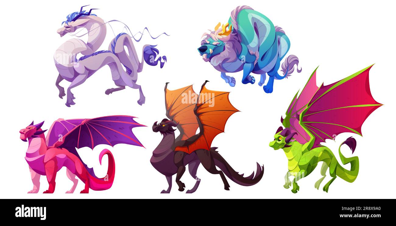 Magic fantasy dragon set for fairy tale game cartoon illustration ...