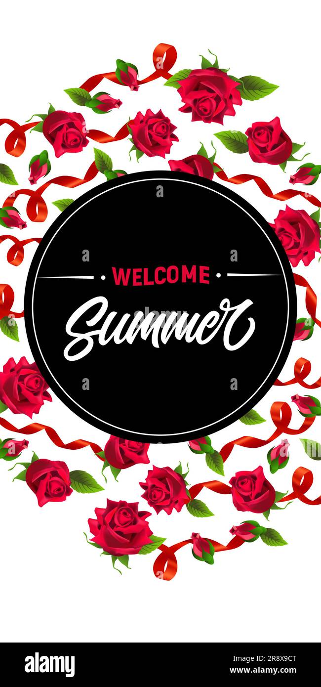 Welcome summer vertical banner design with red ribbons and roses Stock ...
