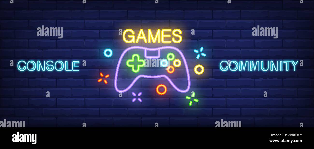 Console Community neon style banner. Gamepad on brick background Stock ...