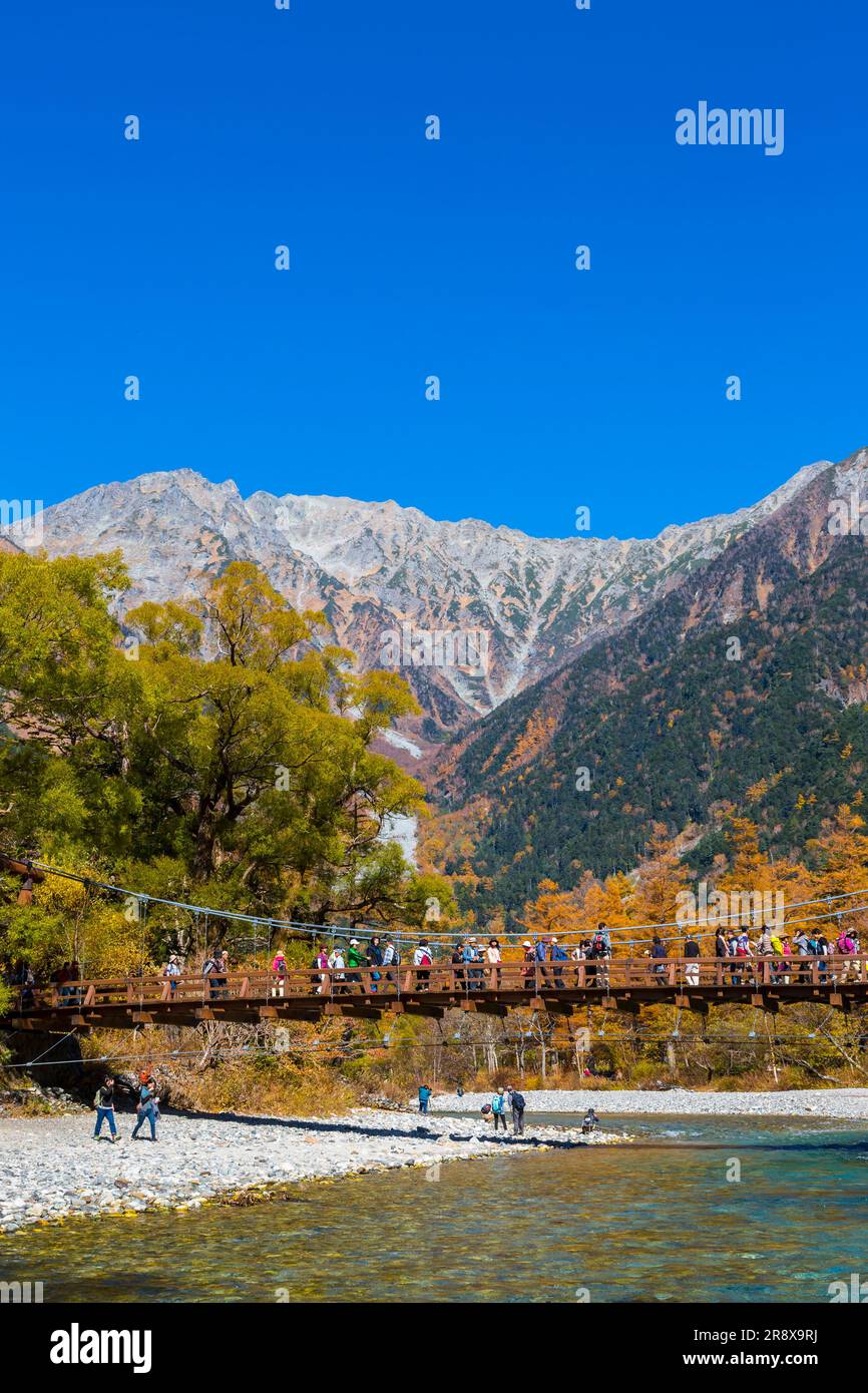 Azusa River, Kappa-bashi Bridge and Hotaka mountain range Stock Photo ...