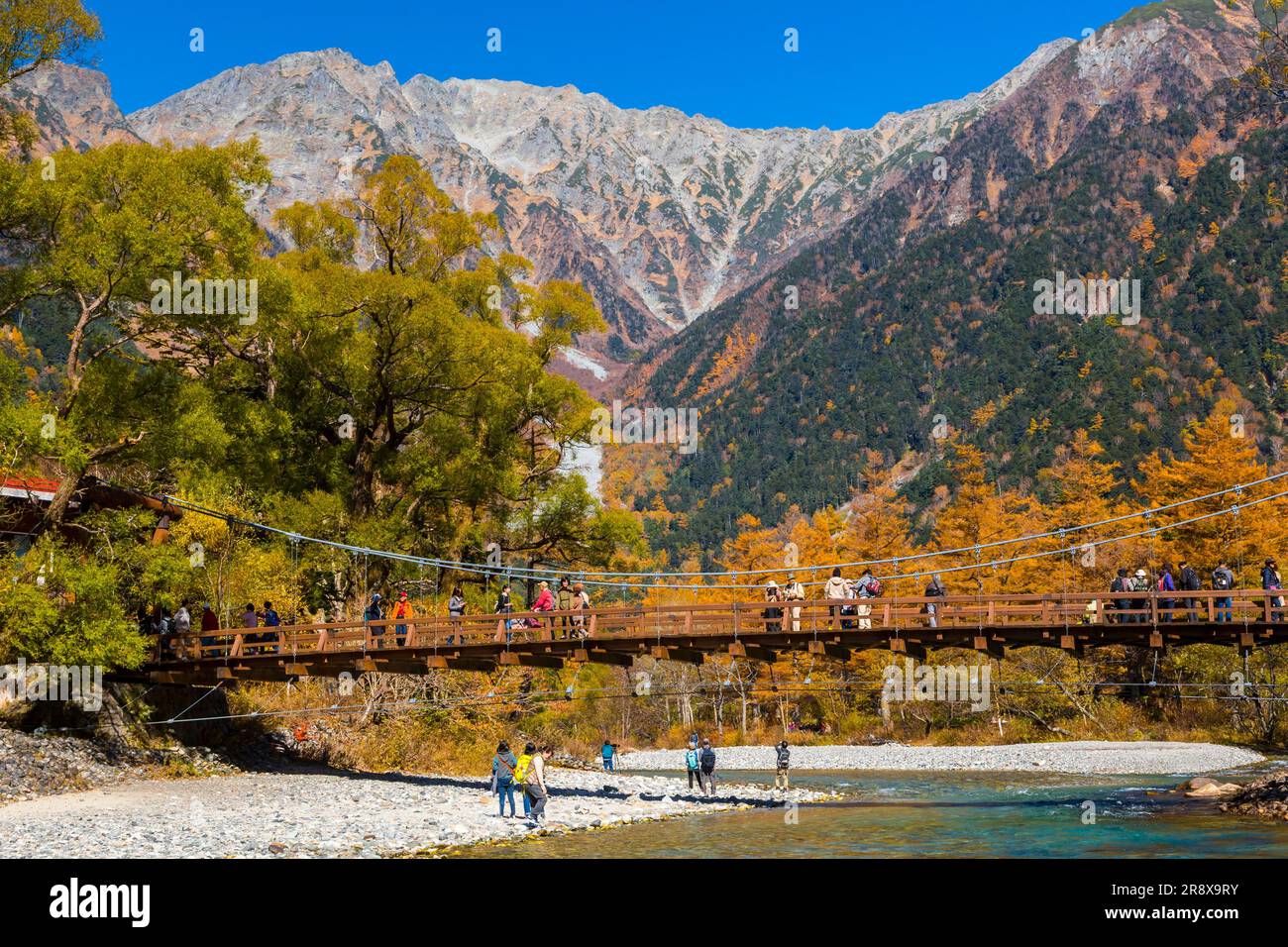 Azusa River, Kappa-bashi Bridge and Hotaka mountain range Stock Photo ...