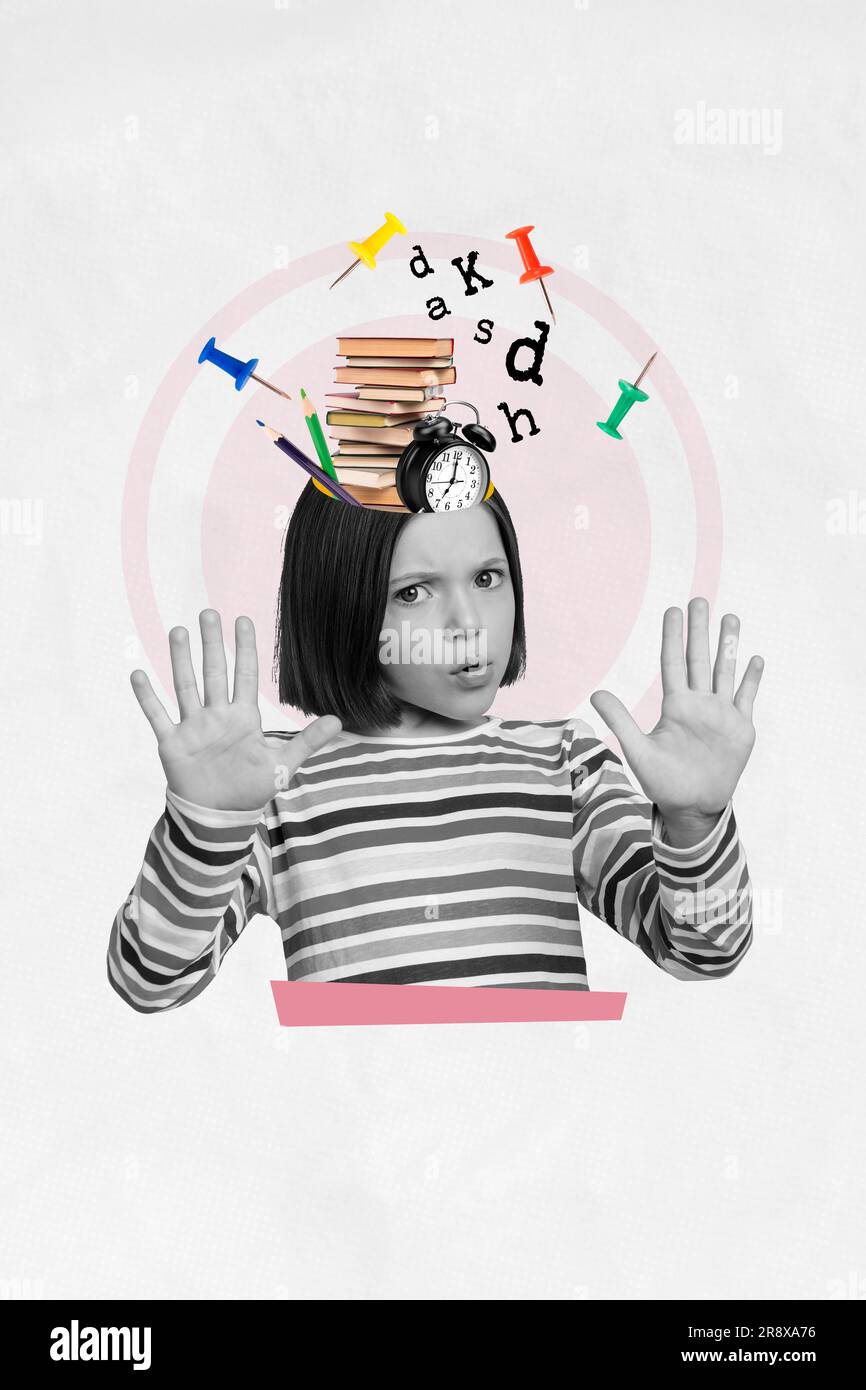 Creative poster collage of stressed young female little schoolgirl ...