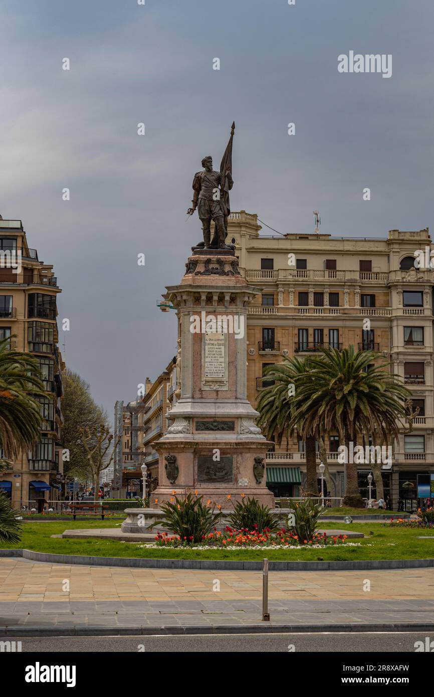 San Sebastian, Spain - 31 March 2023: Plaza de Okendo with a statue of ...
