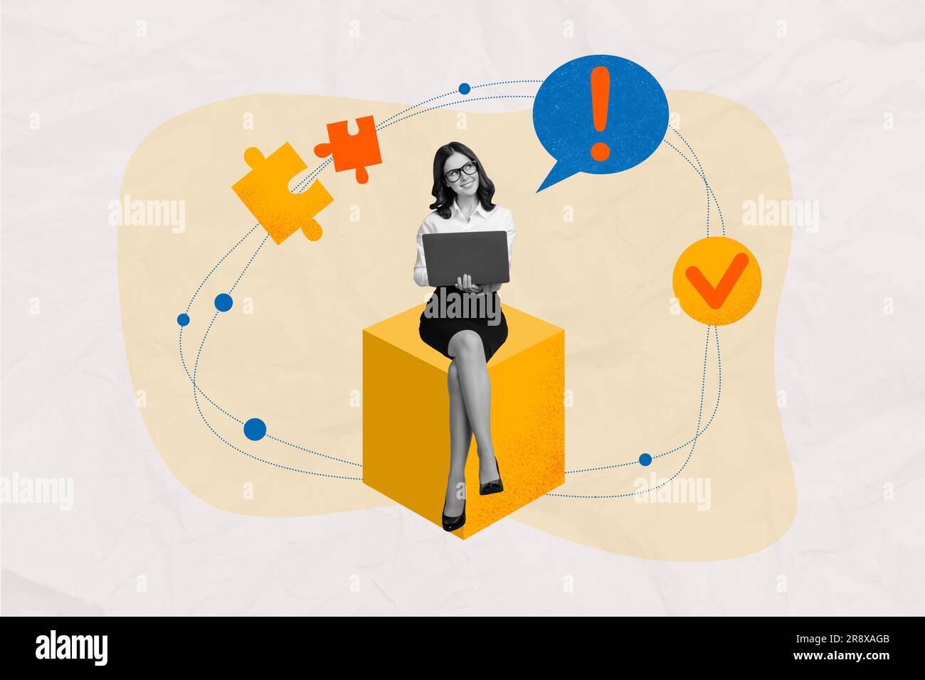 Collage image 3d artwork of smiling curious lady sitting cube thinking solving task working ...