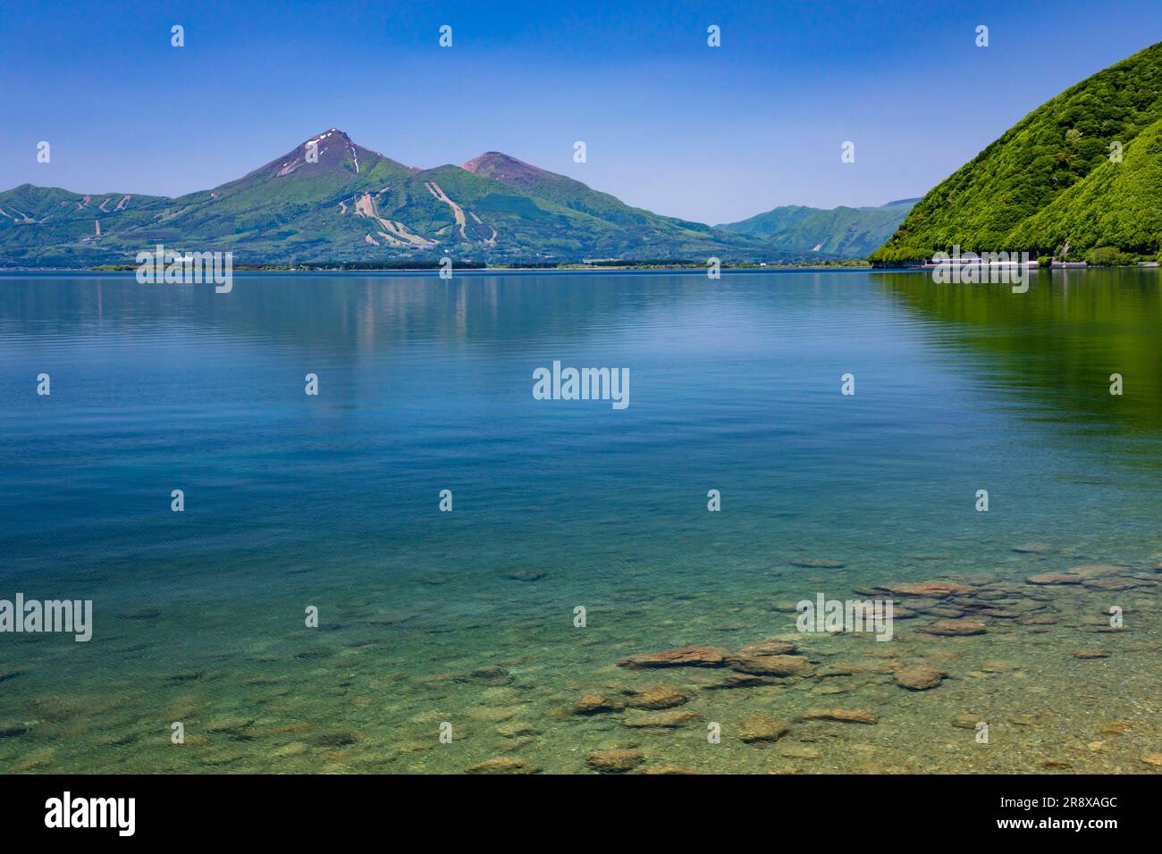 Inawashiro Lake and Bandai Mountain Stock Photo - Alamy
