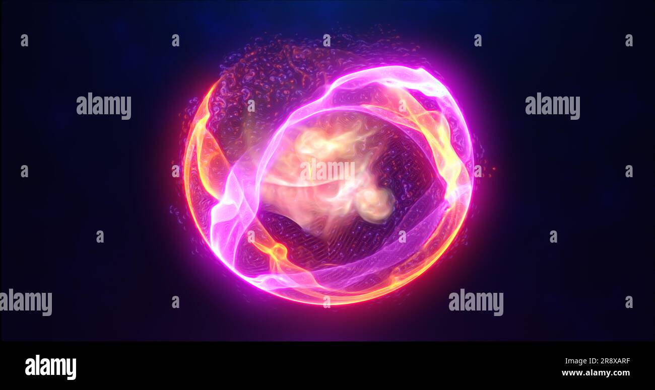 Orange energy sphere with glowing bright particles, atom with electrons ...