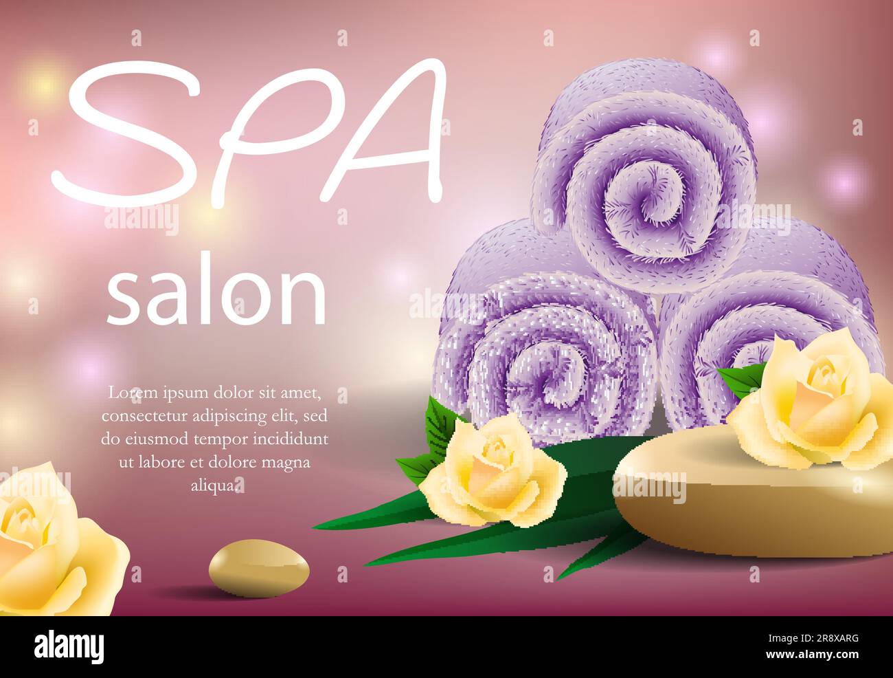 Spa salon lettering with rolled purple towels and rose heads Stock ...