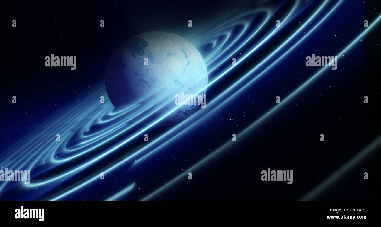 Abstract blue space planet with a round asteroid belt ring futuristic ...