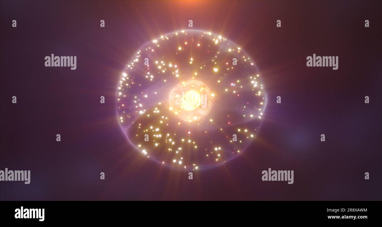 Abstract energy sphere with flying glowing yellow bright particles ...