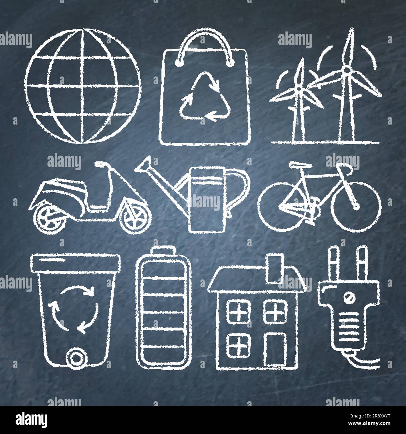Collection of ecology icons in sketch style on chalkboard. Hand drawn ...