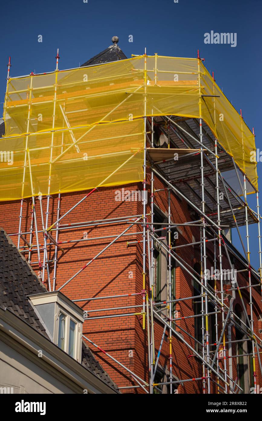 Building site in the ceter of the Leiden, Netherlands with yellow ...