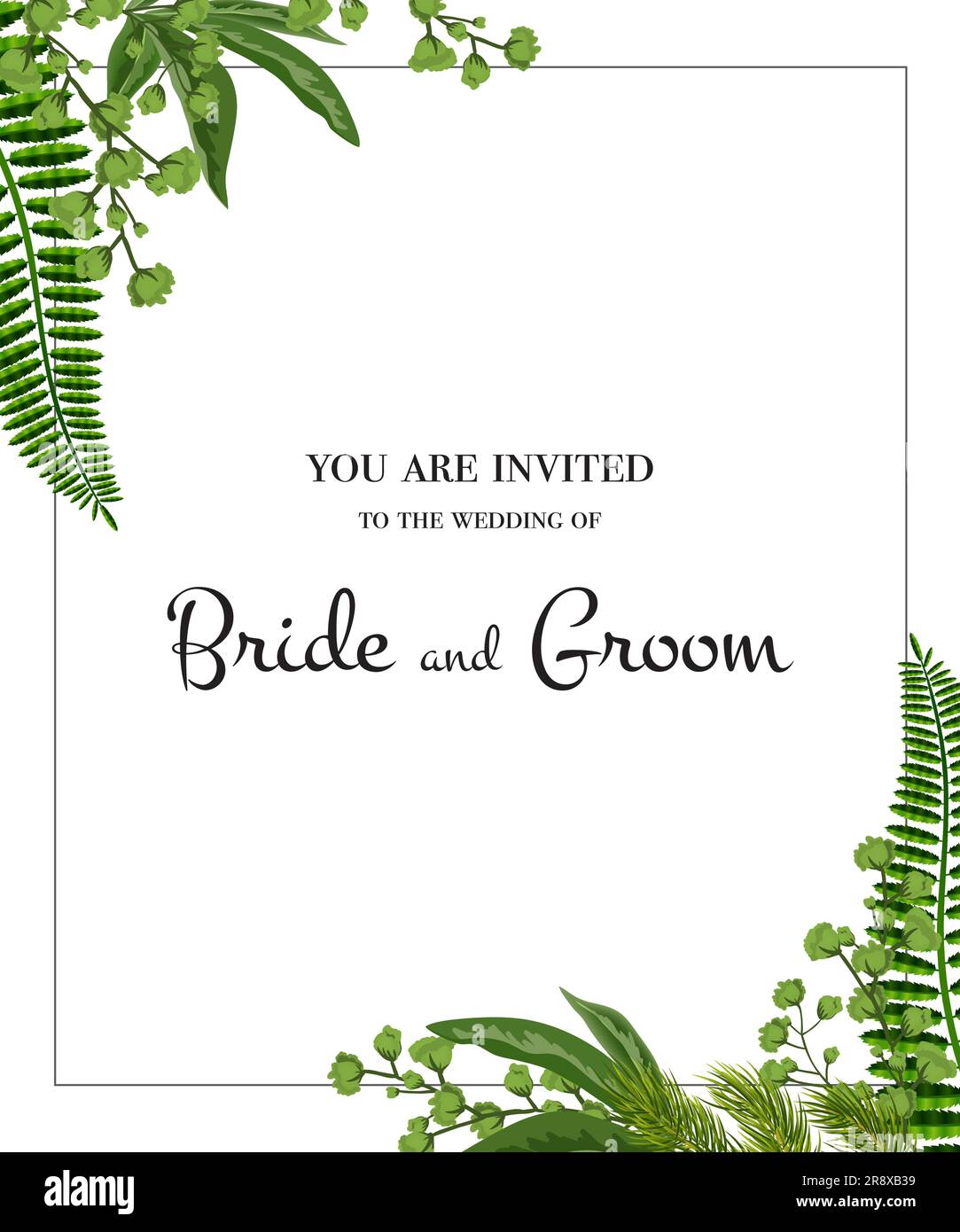 Wedding invitation. Frame with greenery on white background Stock ...
