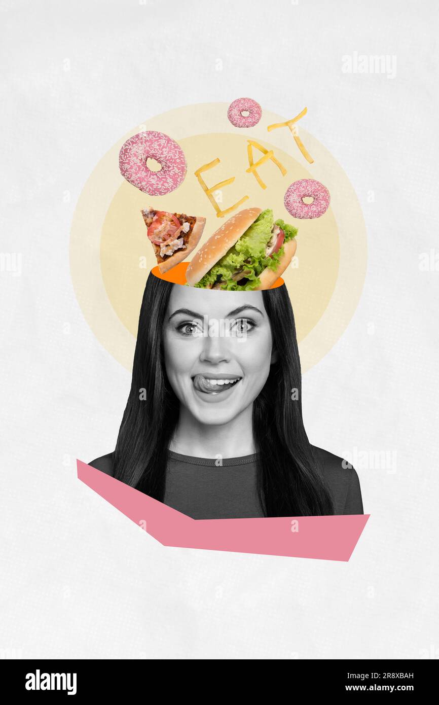 Collage poster picture image advert of positive girl dream eat fastfood ...