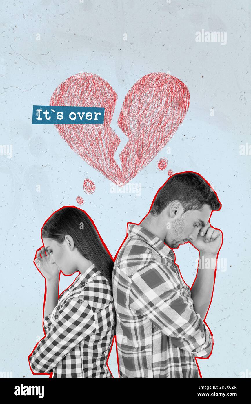 Collage retro sketch image of unhappy sad upset couple braking up ...